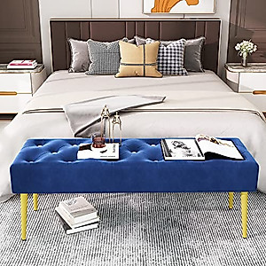 Lamerge Velvet Entryway Bench, Modern Upholstered Tufted Ottoman Stool with Embedded Crystal, Footrest Accent Bench end of Bed Stool for Doorway, Living Room, Lock Room, Bedroom 44"×15"×18" (Blue)