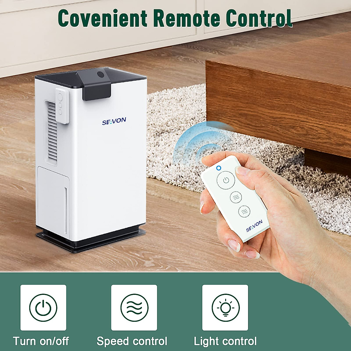 SEAVON 68oz Dehumidifiers for Home with Remote Controller, Ultra Quiet Dehumidifier for 660 sq ft, 2 Speed Modes, Breath Light Mode, Auto-Off, Perfect for Living Room, Bedroom, Bathroom, Closet, RV