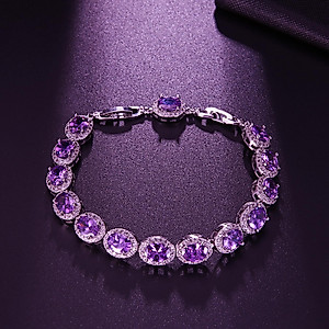 Hermosa Elegant Oval Gemstone Silver Bangle Bracelet with 1-Inch Extender Chain | Adjustable 7-8 Inches | Hypoallergenic Jewelry Gift for Women(Amethyst)