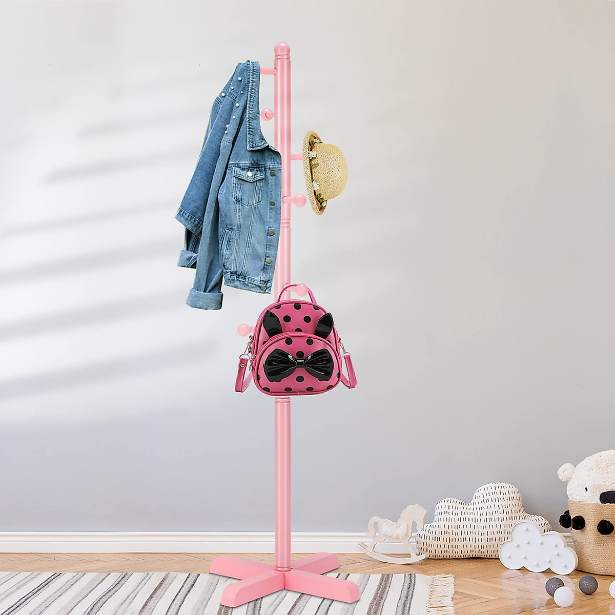 Azaeahom Cross Coat Rack Freestanding Clothing Hanger Home Racks, Wooden Coat Tree Stand with 8 Hooks 2 Adjustable Height, Easy Assembly in Entryway, Room for Hat, Umbrella etc (Pink)