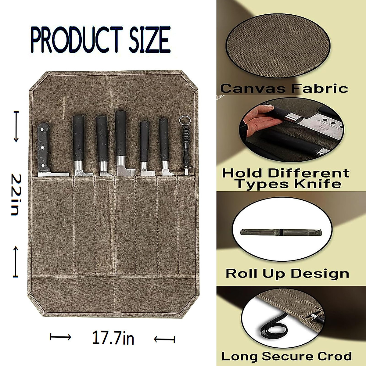 Generic 7 Slots Knife Bags for Chefs Professional, Waterproof Chef Roll Bag, Travel Canvas Carrying Case with Adjustable Strap, 22*18in, khaki, 888002