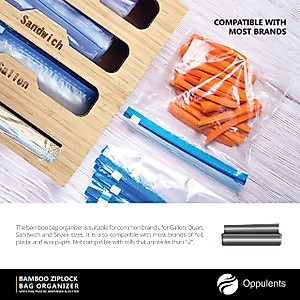 Oppulents Bamboo Ziplock Bag Storage Organizer for Kitchen Drawer with Foil/Plastic Dispenser and Cutter Suitable for Gallon, Quart, Sandwich & Snack Sizes Magnetic Closure Multipurpose Organizer