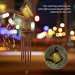 Brynnl Wind Chimes Outdoor, Solar Watering Can Wind Chimes with LED String Lights, Waterproof Garden Chimes with 5 Metal Tubes Pleasant Melody, Retro Hanging Decor Windchime for Garden Patio Yard