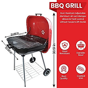 Alpine Cuisine Premium 22x25in Charcoal BBQ Grill Square for Outdoor Cooking, Barbecue Coal Kettle Bowl Grill Portable Heavy Duty Round with Legs Grilling for Tailgating Patio Backyard Camping - Red