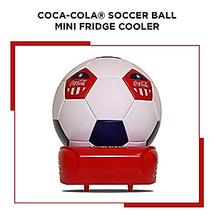 Coca-Cola Soccer Ball Mini Fridge, 5 Can Beverage Cooler with Hidden Opening, White Red Black, Unique Accessory for Den, Games Room, Man-Cave, Dorm, Sports Fans, Students