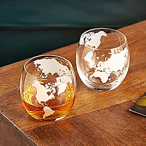 Viski Globe Glass Whiskey Tumblers, Etched Glass Whiskey Enthusiast Gift and Glassware Accessory, 12 oz, Set of 2