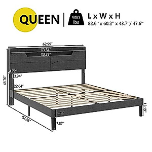 Gyfimoie Upholstered Queen Bed Frame with Adjustable Storage Headboard, Bed Frame Queen Size with Charging Station & LED RGB Light, Platform Bed Frame Wood Slates Support, No Spring Box Needed