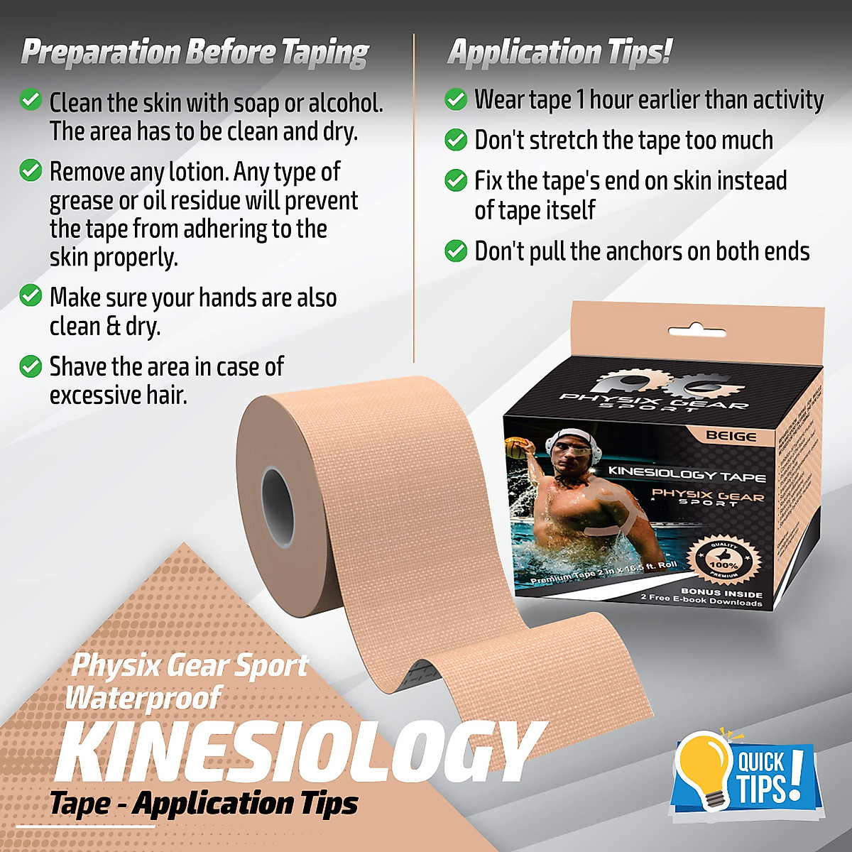 Physix Gear Kinesiology Tape Pro - Waterproof Physio Sports Tape for Pain & Injuries, Pregnancy, Muscle, Knee, Joint Support, Swelling, Strain Relief, Enhanced Blood Circulation (Beige, 1 Roll)