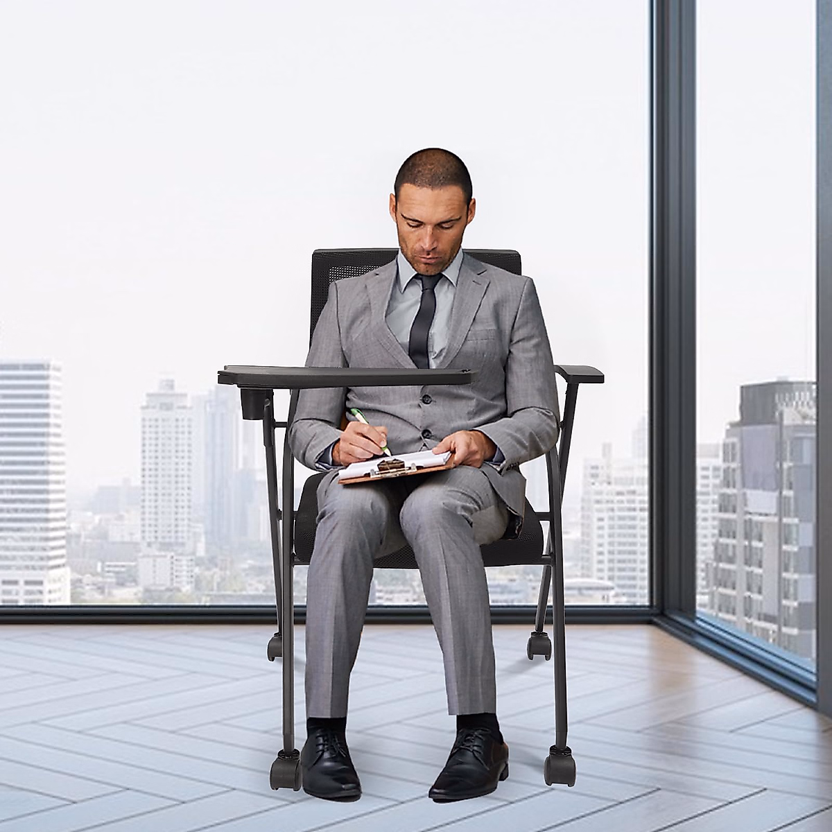 LOHISHILO 1pcs Mesh Guest Reception Stack Chair with Caster Arms for Office Conference, Reception, Training Room Chair, Schools, Meeting Rooms, Step Classrooms, Churches, Homes