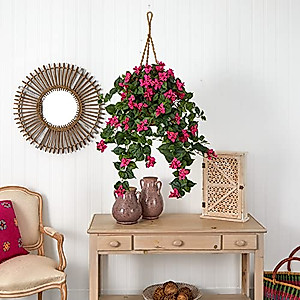 Nearly Natural 6734 Bougainvillea Silk Hanging Basket, Green/Pink