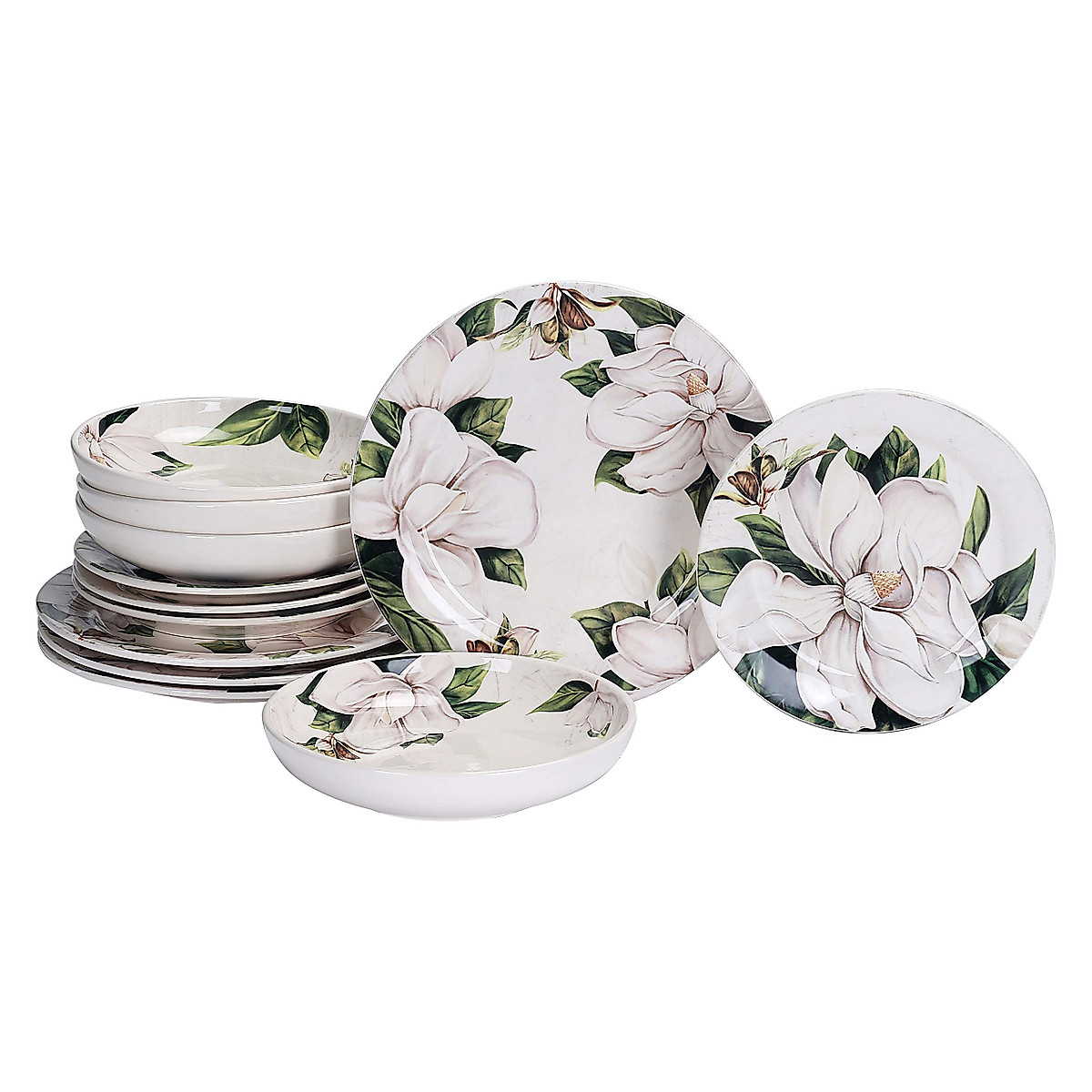 Bico Magnolia Floral Ceramic 12 pcs Dinnerware Set, Service for 4, Inclusive of 11 inch Dinner Plates, 8.75 inch Salad Plates and 35oz Pasta Bowls, for Party, Microwave & Dishwasher Safe