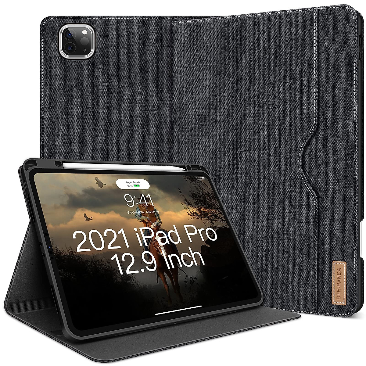 DTH-PANDA iPad Pro 12.9 Case for 6th/5th/4th/3rd Generation Case 2022 2021 2020 2018 PU Leather with Pen Holder, Folio Stand with Soft TPU Back,Auto Sleep/Wake Function (Ash Brown) (Crow Black)