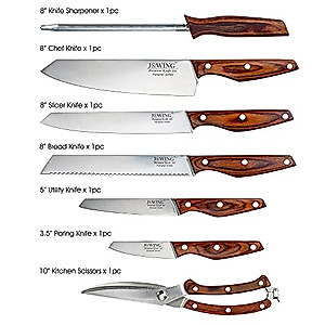 Professional 8-Piece German High Carbon Stainless Steel Kitchen Knife Set, Premium Forged Full Tang Chef Knives Set with Wood Block