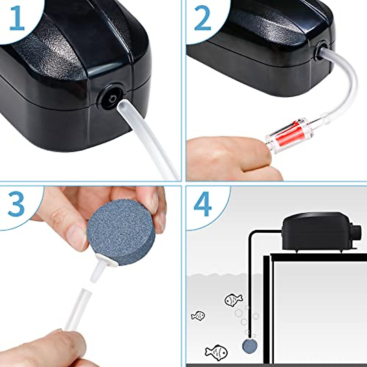 Uniclife 30 GPH Aquarium Air Pump Adjustable Quiet Oxygen Aerator Pump with Air Stone Airline Tubing Check Valve and Connector Accessories for Small Fish Tanks Ponds up to 30 Gallons