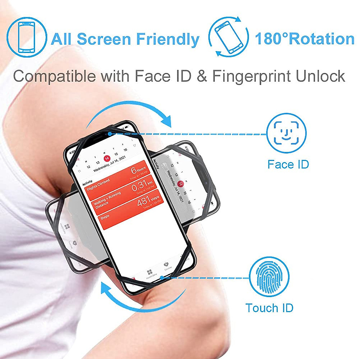 BUMOVE Rotatable Armband for iPhone 15 14 13 12 Pro Max Plus, Samsung Galaxy S24 S23 S22 Ultra Note, with Airpods Pro Holder Running Arm Band(Black)