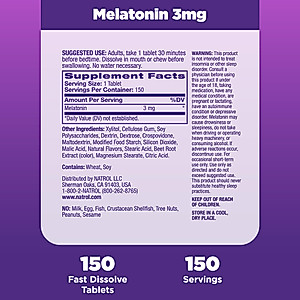 Natrol Fast Dissolve Melatonin 3 mg, Melatonin Supplements for Restful Sleep, Sleep Support for Adults, 150 Strawberry-Flavored Tablets, Up to a 150 Day Supply