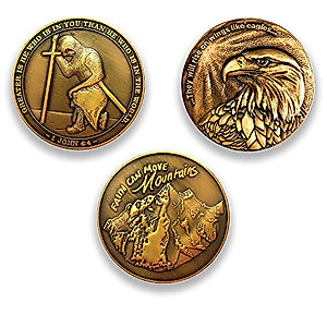 Christian Challenge Coins, Zinc-Alloy with Antique Gold-Color Plating | Task Ahead I Can Do All Things Coin, Eagle Coin, Faith Can Move Mountains Coin | Value Variety Pack of 3 | Assortment 2