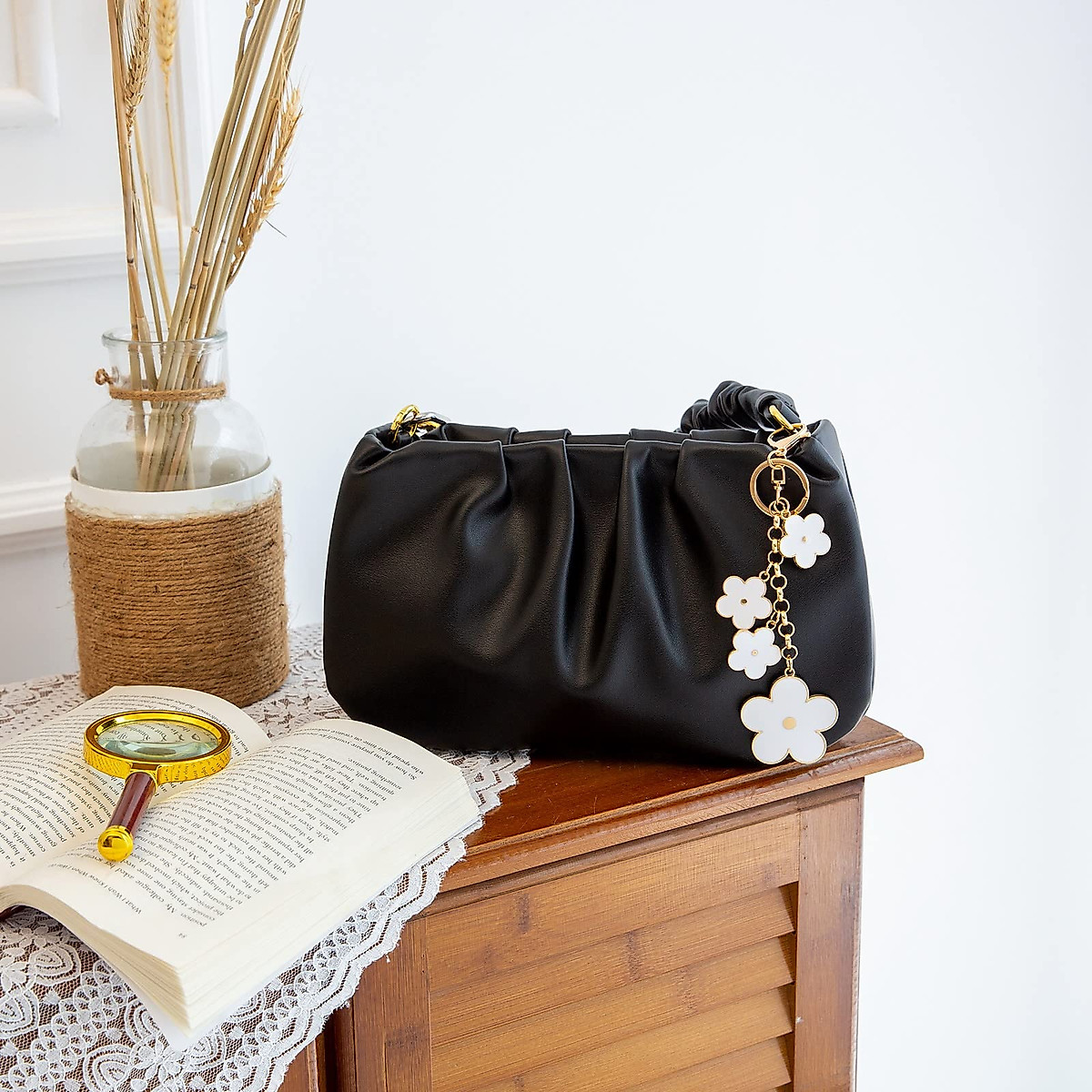 Giftale Women's Flower Bag Charms White Enameled Keychain Purse Accessories,#526-1D