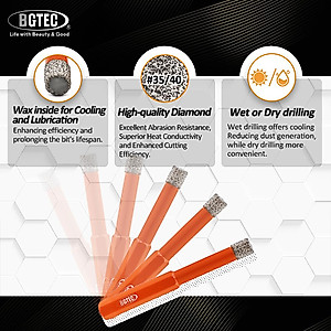 BGTEC Dry Diamond Core Drill Bits 2pcs 1/4" Tile Drill Bits with Hex Shank for Granite Marble Porcelain Tile Ceramic Masonry