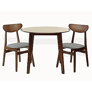 Set of 3 Dining Kitchen Round Table and 2 Yumiko Side Chairs Solid Wood w/Padded Seat Medium Brown