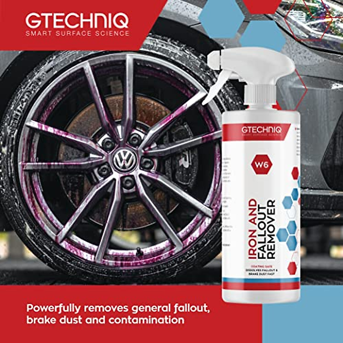 Gtechniq W6 Iron and General Fallout Remover for Cars, Brake Dust Degreaser and Cleaner for Wheels, Rims and Paintwork, Safe on Coatings, 500ml