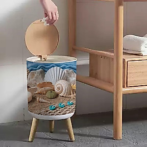 Small Trash Can with Lid for Bathroom Kitchen Office Diaper decoration Seashells shell a sea urchin a beach sand are decorated Bedroom Garbage Trash Bin Dog Proof Waste Basket Cute Decorative