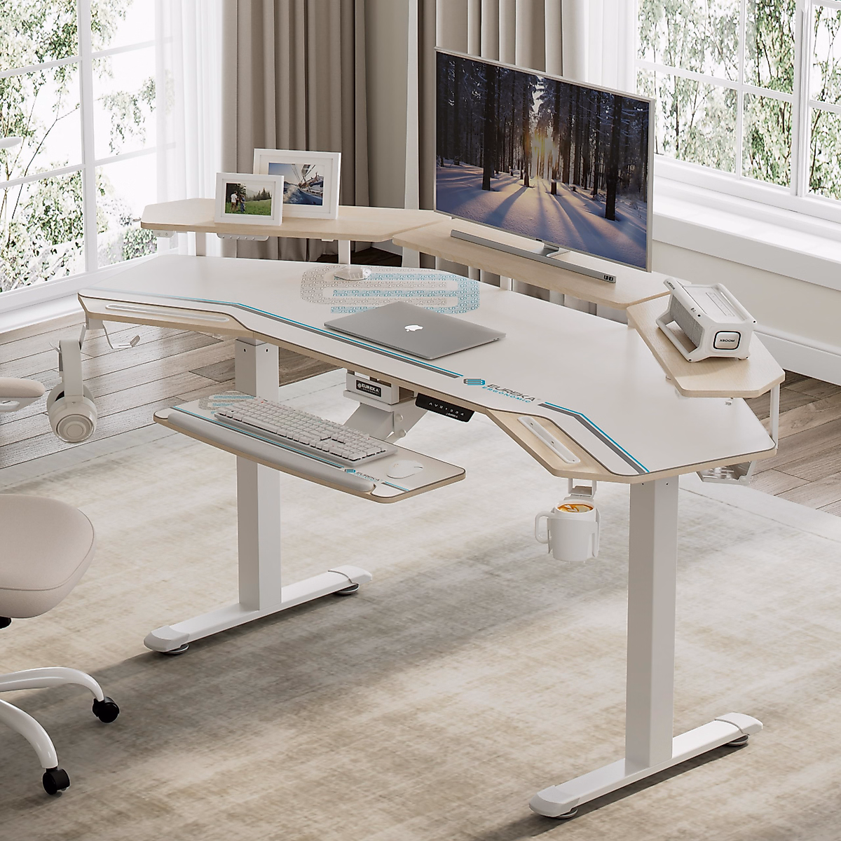 EUREKA ERGONOMIC Standing Desk with Keyboard Tray, Gaming Desk, Wing Shaped Sit Stand Desk 72'' Large Music Studio Desk, LED Convertible Shelves, Dual Motor&Slot, Maple, X-Large (ES71)