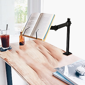 wishacc Book Stand with Clamp, Aluminum Alloy and Bamboo Material Build, Table Side Design, Height Adjustable, Desktop Reading Mount Holder with Sturdy Page Clips (11 x 8.1 Inches)