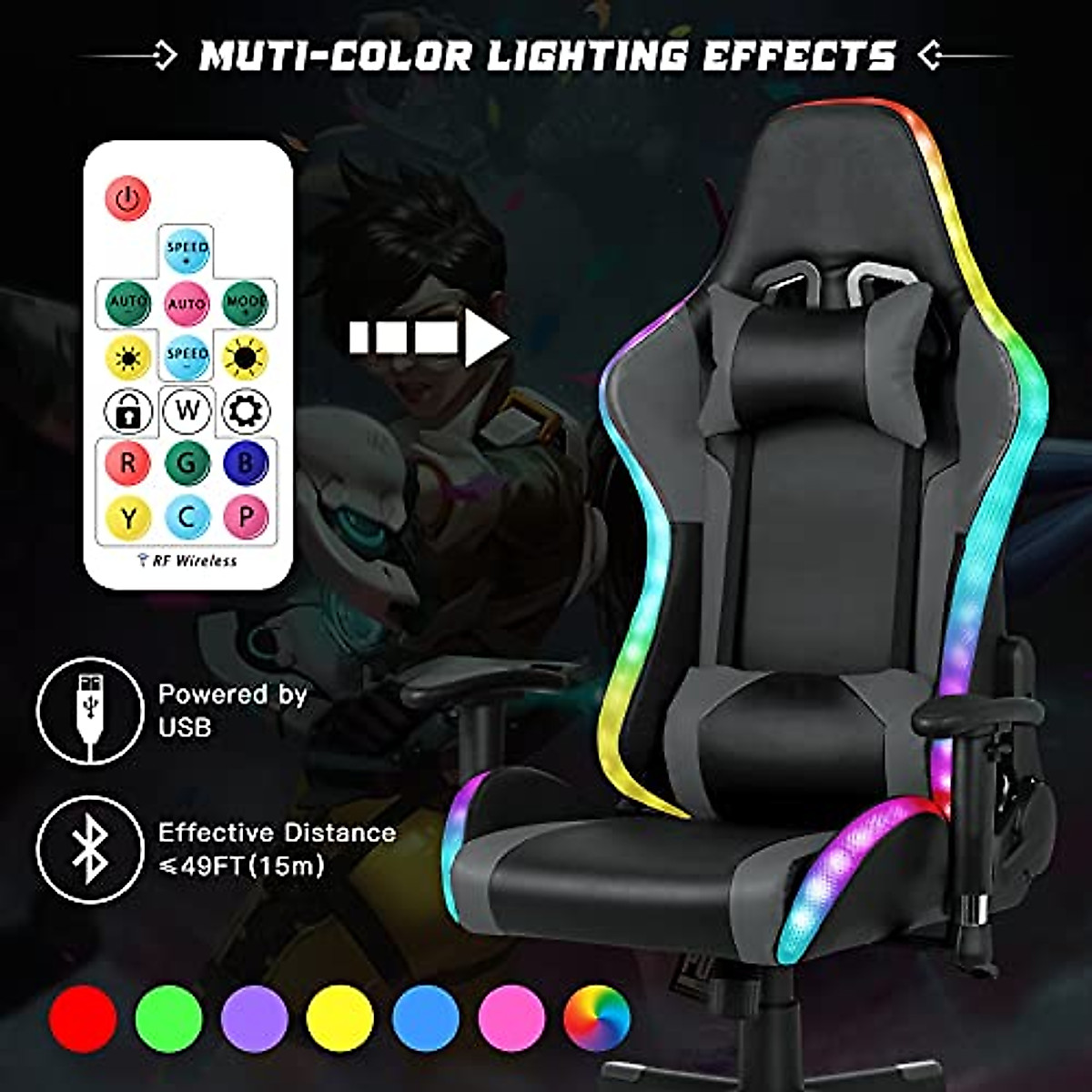 Gaming Chair with Speakers Video Game Chair with RGB LED Lights Ergonomic Racing Office Chair PU Leather Recliner Computer Chair Swivel E-Sports Chair with Lumbar Support Headrest Armrest, Black