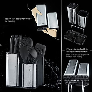 18 Pieces Black Kitchen Utensils Set Cooking Utensils Set Stainless Steel Knife Set with Block, 7 Piece Silicone Cooking Utensils Set with Scissors Vegetable Peeler Knife Sharpeners Cutting Board