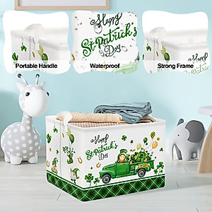 Clastyle St. Patrick's Day Four-leaf Clover Gift Basket Green Balloon Gnome Truck Kid Shelf Basket Rectangle Buffalo Plaid Clothes Book Toy Toy Storage Cube, 36L