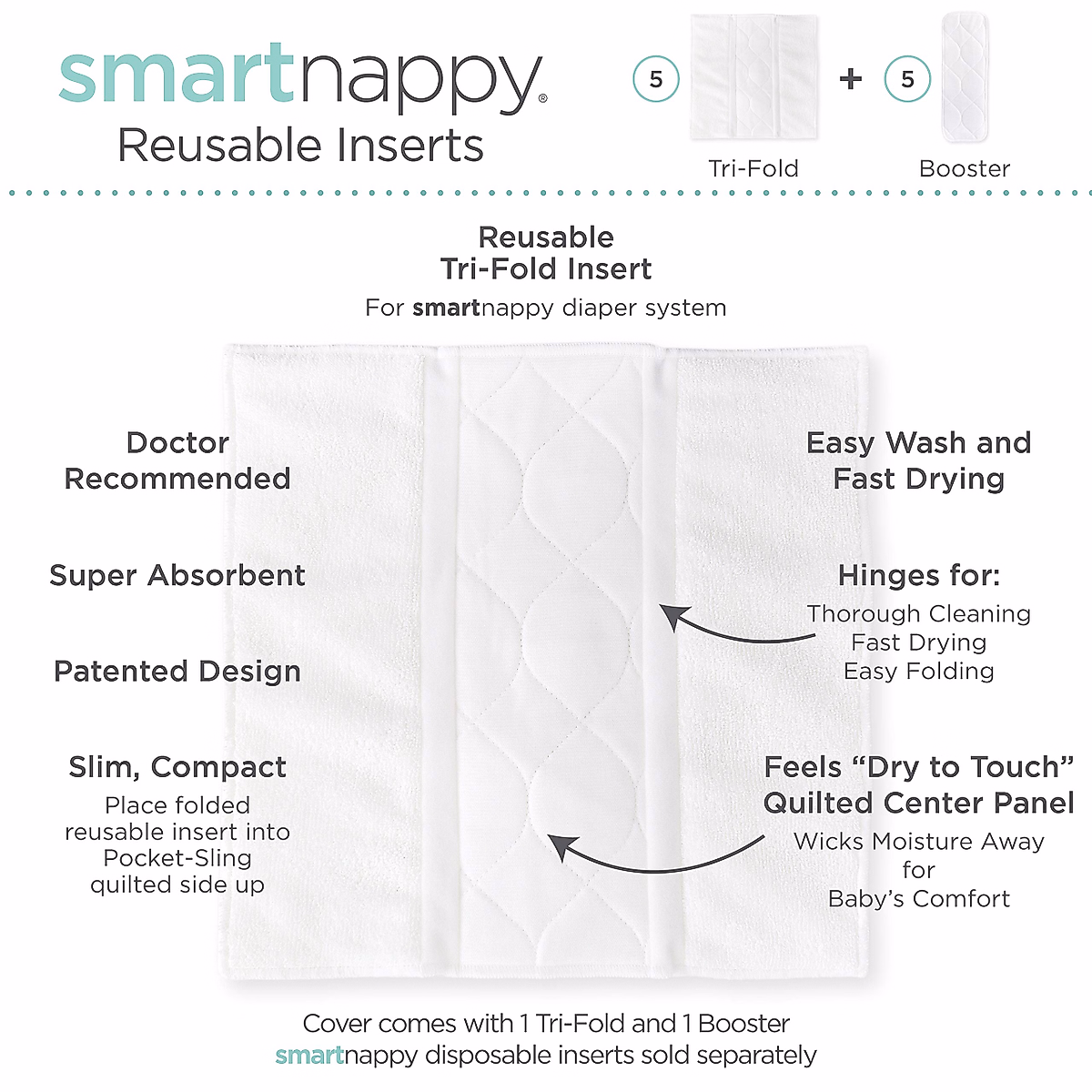 Smart Nappy Cloth Diaper Reusable Inserts, Set of 10, Fits Honest Hybrid Diaper Cover, Fits Amazing Baby SmartNappy Cover, Pocket-Sling Compatible, 5 Tri-fold & 5 Boosters, Size Med/Large