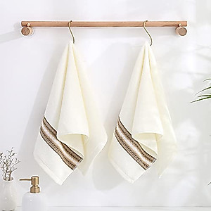 YiLUOMO Hand Towel Set of 2 Super Soft 100% Cotton Highly Absorbent Decorative Textured Striped Hand Towels for Bathroom 13 x 29 Inch (Beige)
