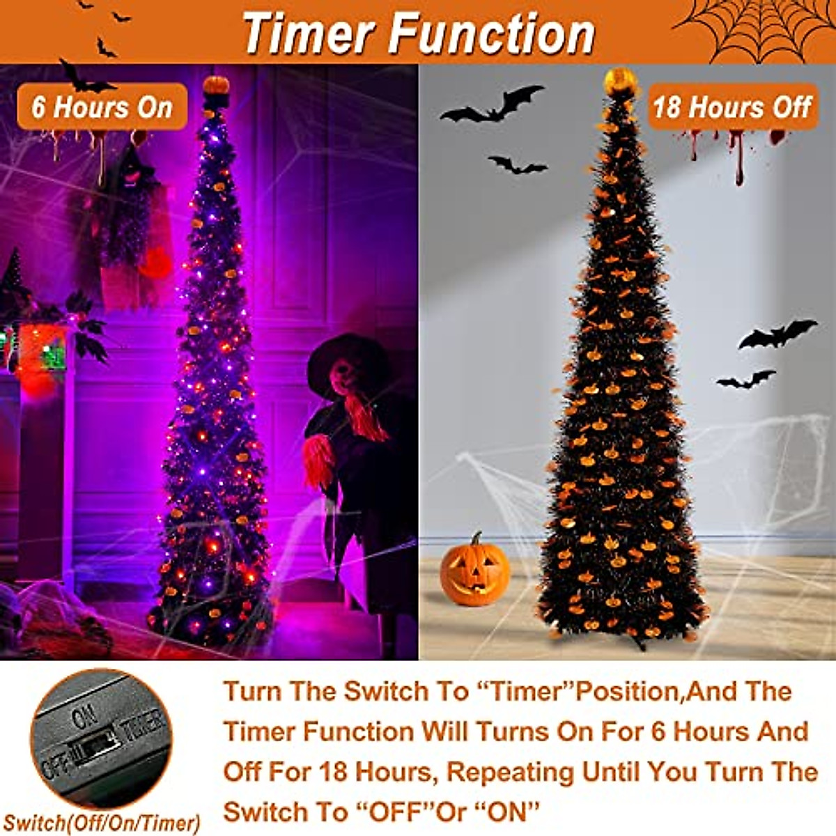 6 Ft 60 LED Tinsel Halloween Tree Decor with Orange & Purple Lights Timer Black Tinsel Christmas Tree Bats Battery Operated Pop Up Artificial Tree Indoor Outdoor Halloween Decorations Home Party
