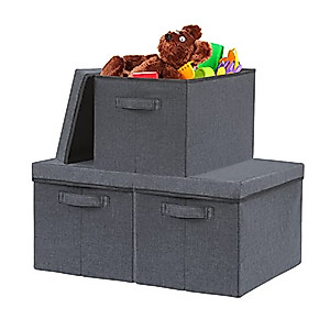 Consmos Large Foldable Fabric Storage Bin with Lids& Dual Handles, Sturdy Cubby Storage Basket for Clothes& Toys, Cube Storage Organizer Bins for Shelves, Closet, Bedroom, Home& Office, Gray 3-Pack