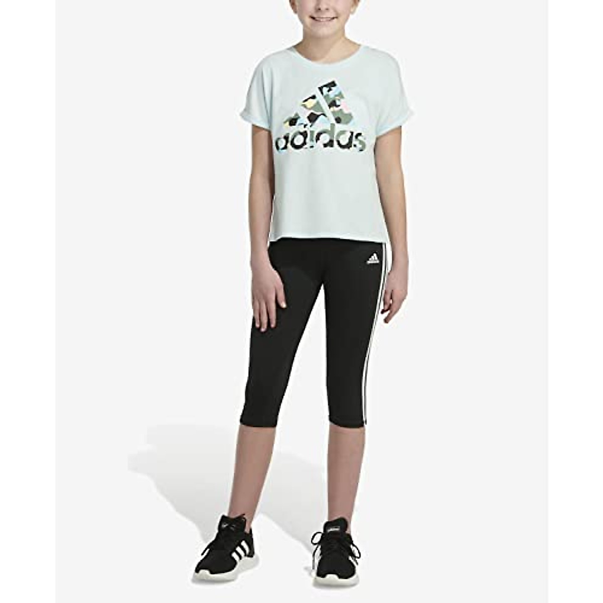 adidas Girls' Big Short Sleeve Dolman Waist Tee 22, Almost Blue, Medium