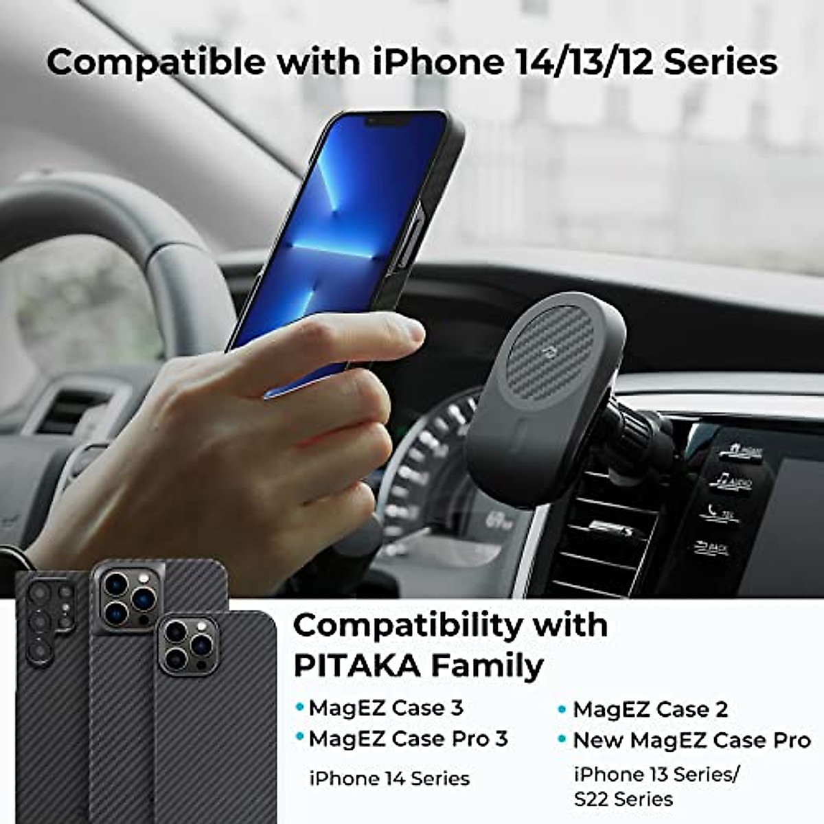 PITAKA Magnetic Car Phone Holder Mount for iPhone 14/13 Series & MagEZ Case 2 for Galaxy S22 Series [MagEZ Car Mount Lite] Compatible with MagSafe (Non-Charging Version) - Air Vent