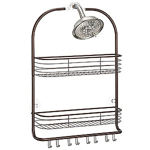 mDesign Extra Wide Hanging Shower Caddy Storage Organizer, Metal Wire Bathroom Organization Center with Built-In Hooks and Baskets on 2 Levels for Shampoo, Body Wash, Loofahs - Bronze