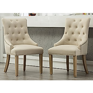 Roundhill Furniture Button Tufted Solid Wood Wingback Hostess Chairs with Nail Heads, Set of 2, Tan