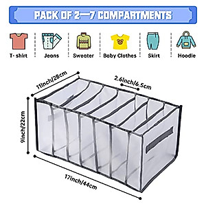 2PCS Washable Wardrobe Clothes Organizer, 7 Grids Foldable Visible Clothes Compartment Storage Box Closet Drawer Organizer Mesh Separation Box for T-shirt, Skirts, Legging, Jeans, Kid Clothes (Gray)