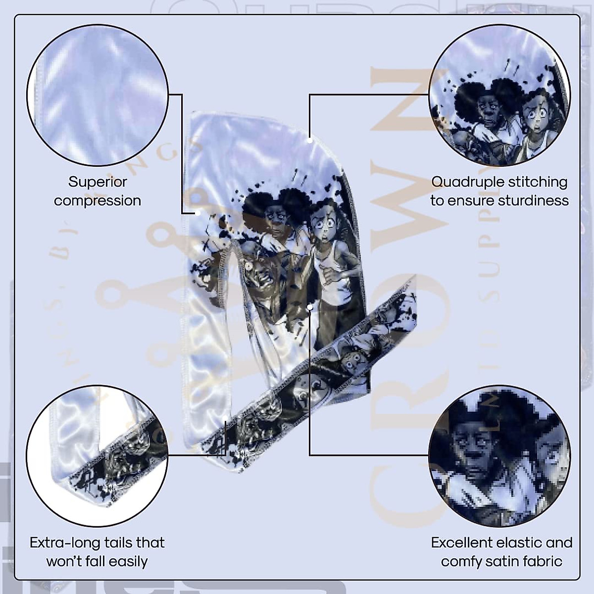 CROWN Art Silky Anime Durag with Long Wide Tails and Quadruple Stitching - White Huey Smooth Satin Fabric Du Rag for Comfort Compression