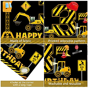 Construction 3rd Birthday Banner Decorations for Boys Kids, Dump Truck Construction Theme Three Birthday Backdrop Party Supplies, Excavator Crane Digger Three Year Old Poster Sign