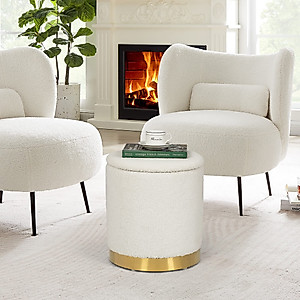 Adeco Round Storage Ottoman, Upholstered Vanity Stool with Removable Lid, Footrest Stool with Gold Metal Base, Side Table Padded Seat for Living Room Bedroom, White