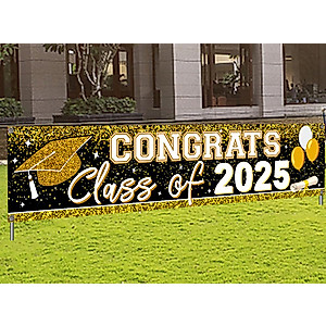 Large Congrats Grad Banner Gold Class of 2023 Banner Backdrop Graduation 2023 Yard Sign for Graduation Party Supplies Graduation Decorations 2023 (Gold)
