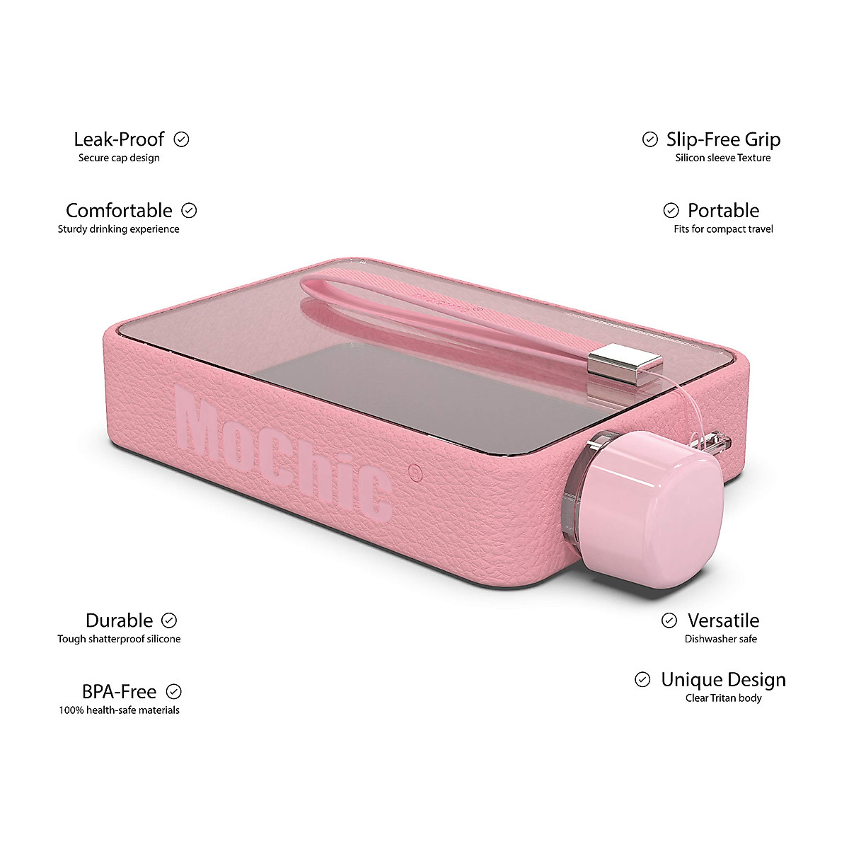 Mochic 13oz Flat Portable Travel Mug Handbag Slim Cold Flask | BPA Free A5 Water Bottle Tritan Plastic | Sports, Camping, Gym, Fitness, Outdoor - Leak Proof. 380ml (Pink)