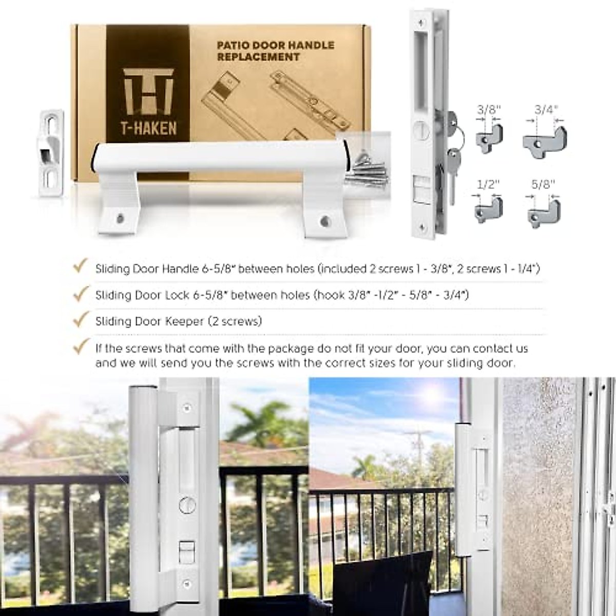T-HAKEN Sliding Glass Door Handle Set, 6-5/8", White - Patio Door Handle Replacement That is 1 in. to 1-1/8 in. Thick Used on Both Left and Right-Handed. (Keyed).
