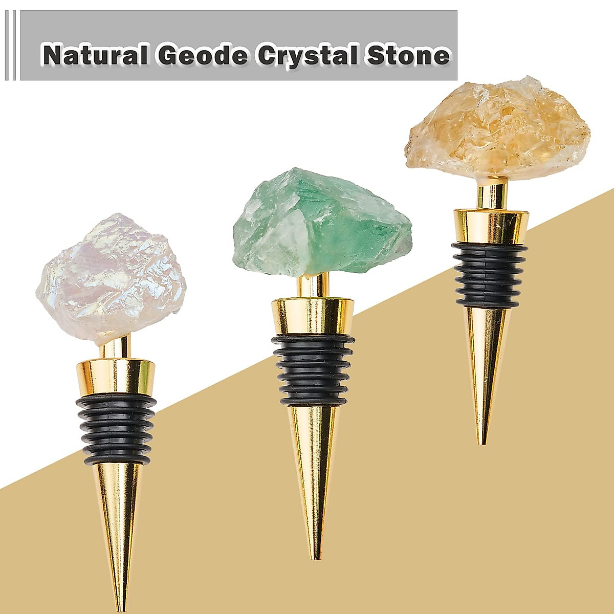 Yougoals Crystal Wine Stoppers Set of 3, Natural Gemstone Wine Stoppers for Wine Bottles, Decorative Wine Bottle Stoppers with Gift Box for Wedding, Party (3pcs Crystal)