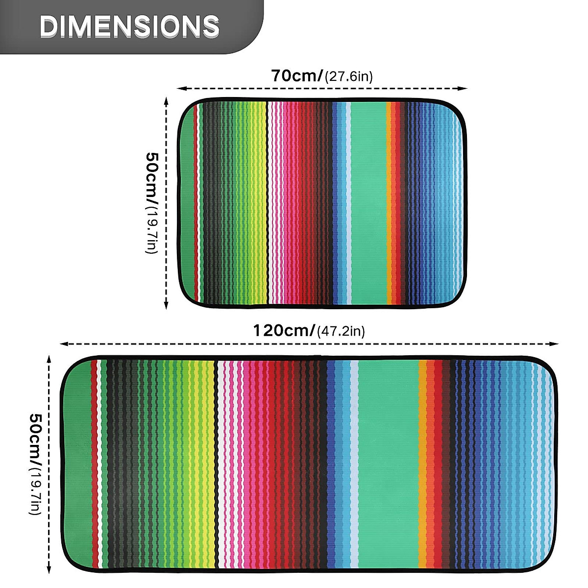 Mexican Serape Blanket Stripes Kitchen Rug Mats 2PCS Non Slip 47" x 20" + 28" x 20" Kitchen Carpet Floor Mat Hallway Rugs Anti Fatigue Doormat