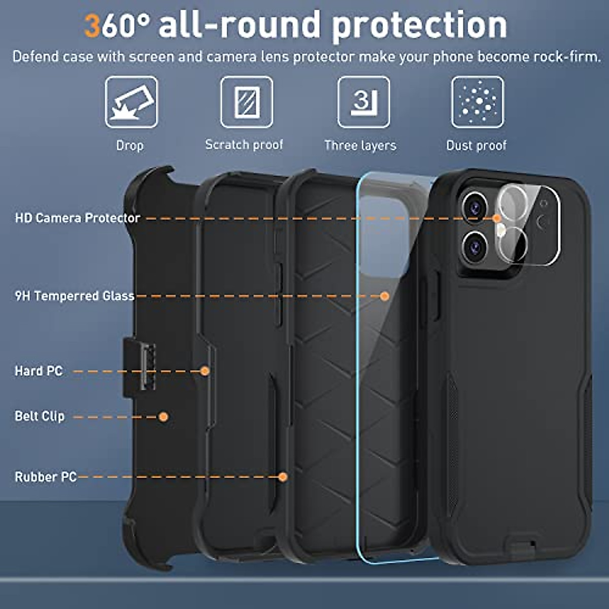 Xmon Case for iPhone 12 and 12 Pro, Heavy Duty Rugged Case Belt Clip Holster Kickstand Protective Cover [Shockproof] Compatible with Apple iPhone 12 and iPhone 12 Pro (Black)