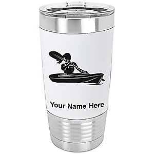 LaserGram 20oz Vacuum Insulated Tumbler Mug, Kayak Woman, Personalized Engraving Included (Silicone Grip, White)